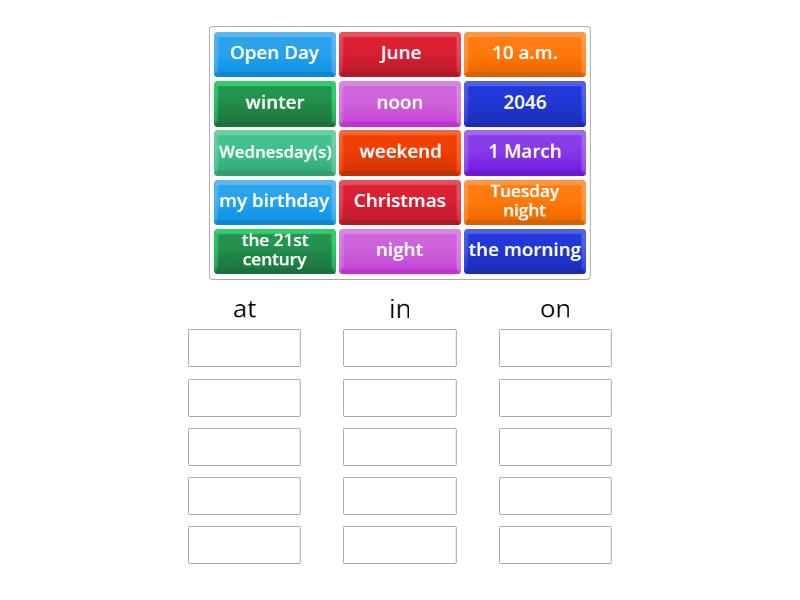 Prepositions to indicate time (sorting them into 3 categories) - Group sort