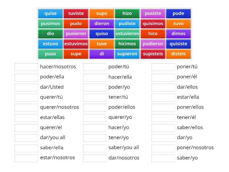 Funky Stem Change Irregulars Preterite 1 Estar/Poder/saber/tener/poner ...