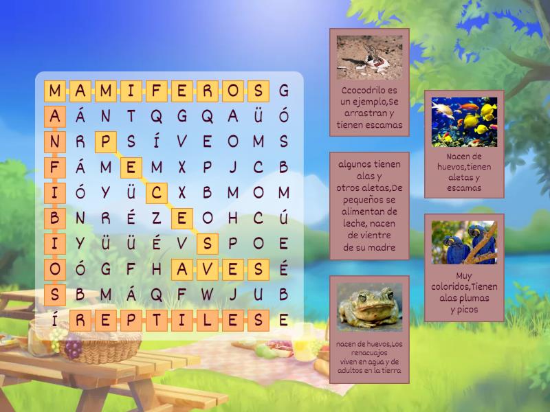 Los animales Vertebrados - Sopa de letras