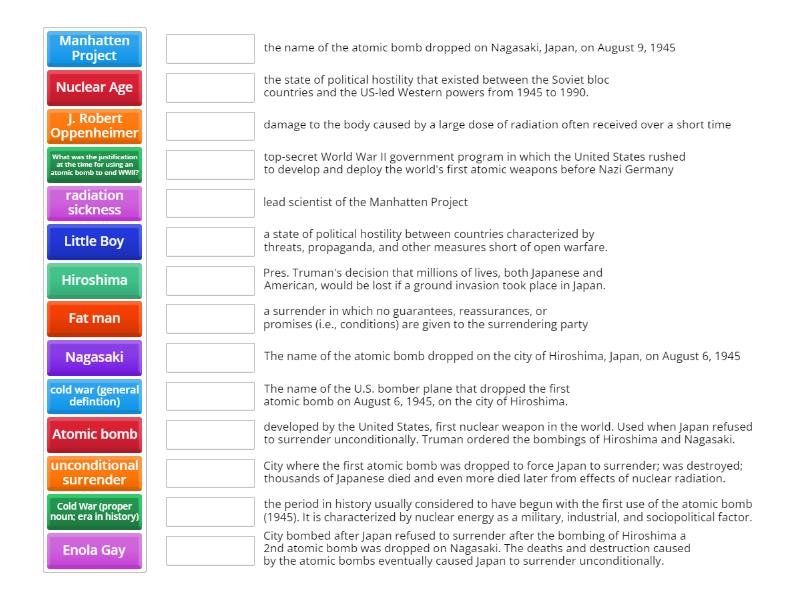 Atomic Bombimg of Hiroshima and Nagasaki Vocabulary - Match up