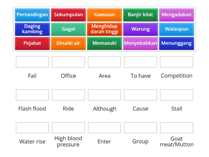 Beri maksud perkataan-perkataan berikut dalam Bahasa Inggeris - Match up