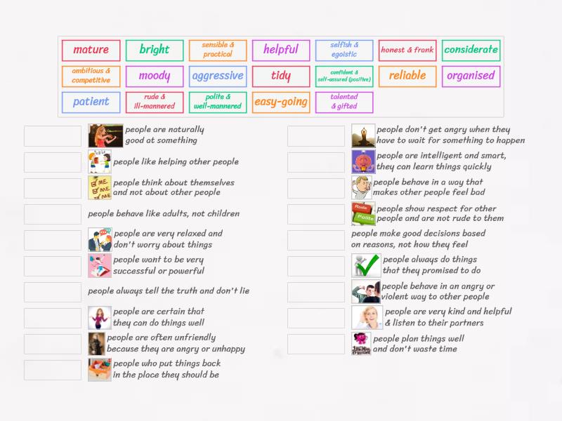Personality Traits & character adjectives B1: match - Associação
