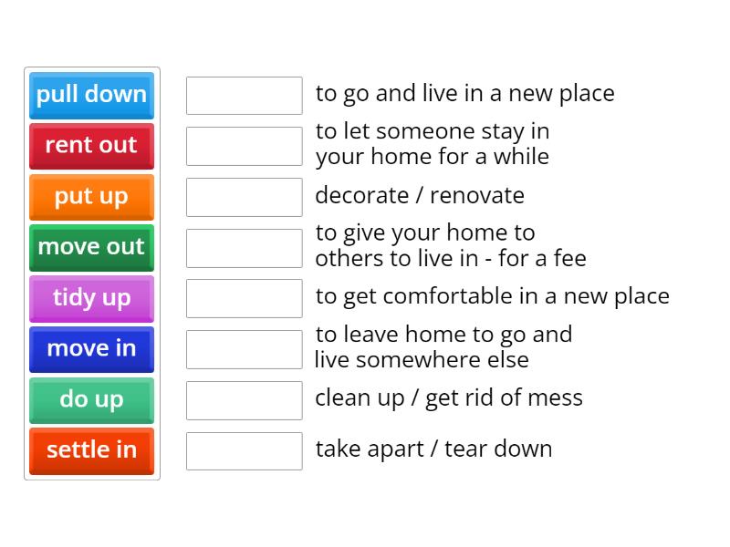Phrasal verbs - house and home - matching activity - Match up