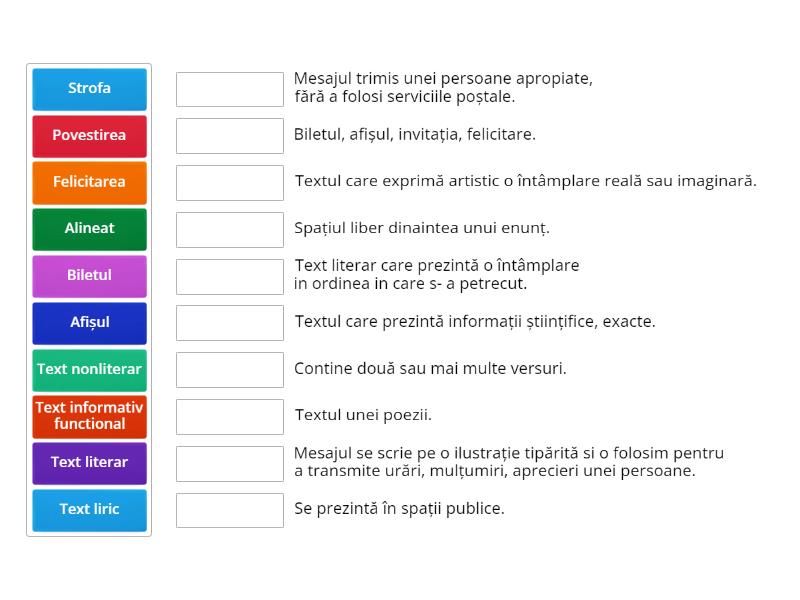 textul literar, liric, nonliterar- clasa a III-a - Match up