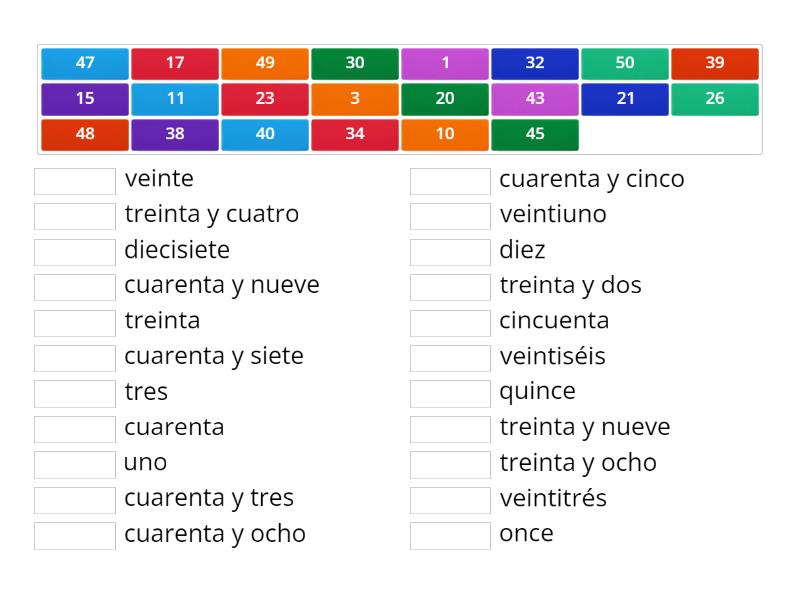 Spanish numbers 1 - 50 - Match up
