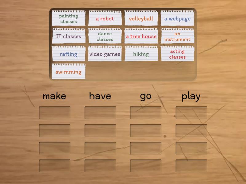Spotlight 7, unit 6b, make/do/have/play collocations - Group sort