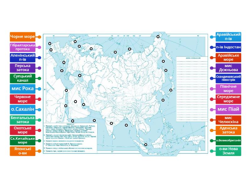 Крайні точки острови півострови моря затоки протоки Євразії Діаграма з мітками