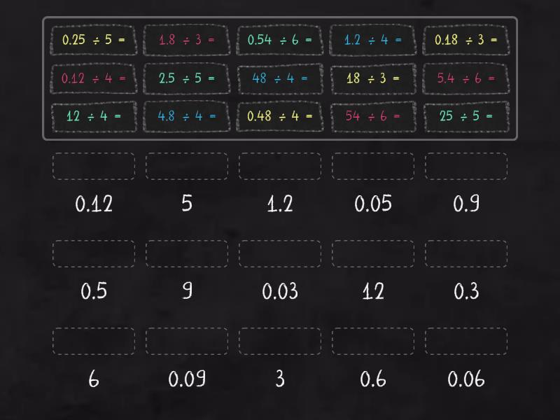 Divide Decimals by Whole Numbers (Basic Facts) - Match up