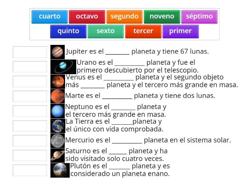 El sistema solar y los ordinales - Match up