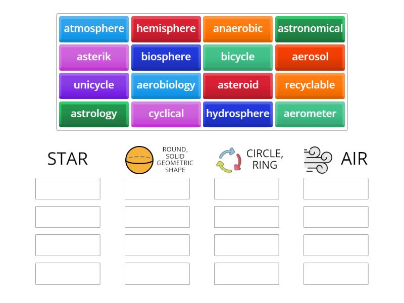 Greek Roots Sort (sphere, cycl, aero, astr) - Group sort