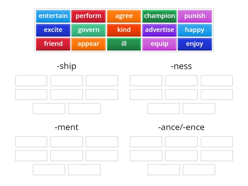 OGE suffixes (-ship/-ment/-ance/-ence/-ness) - Group sort