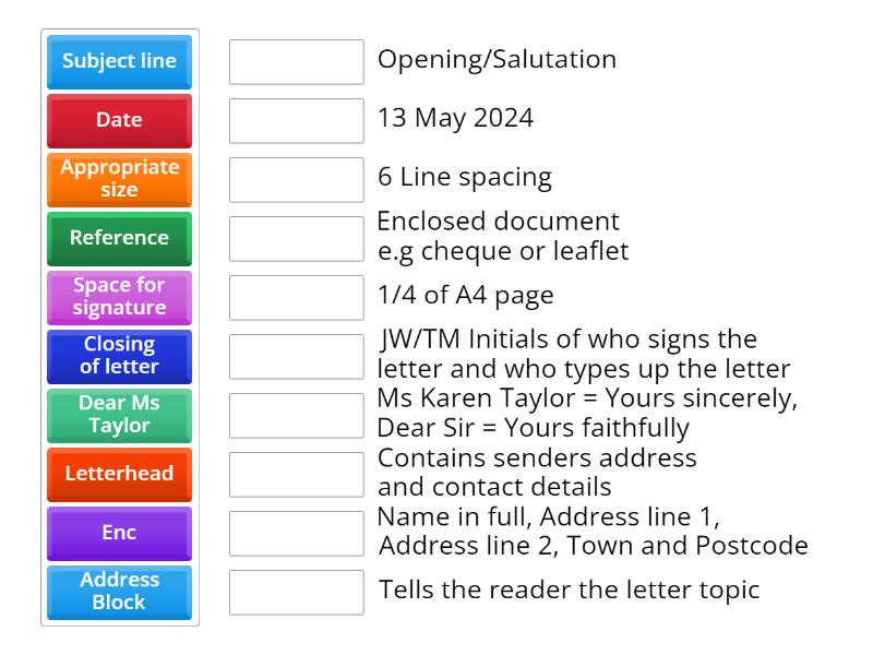 Layout of a Letter - Keywords - Match up