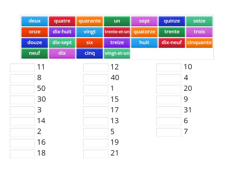 Les chiffres 1- 20 - Match up