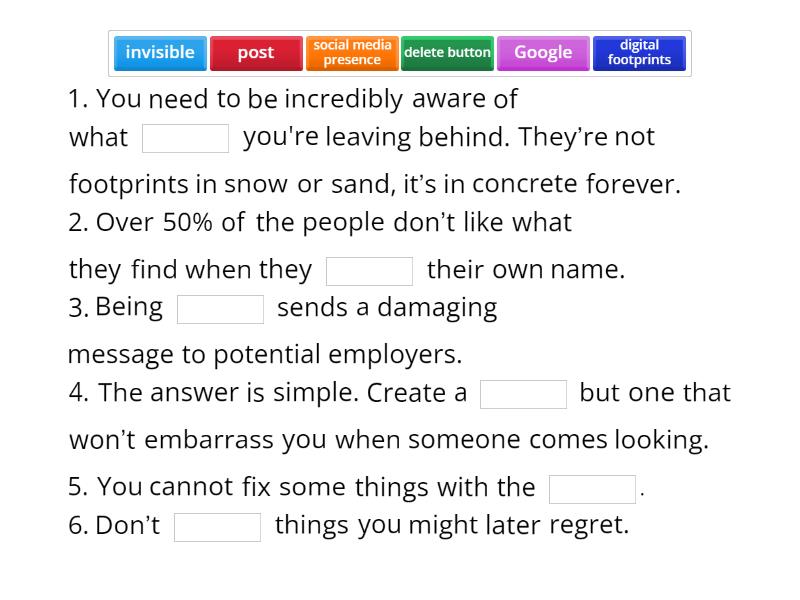 Social media footprint and privacy settings - Complete a frase