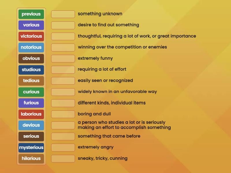 Matching -ious words with definitions - Match up