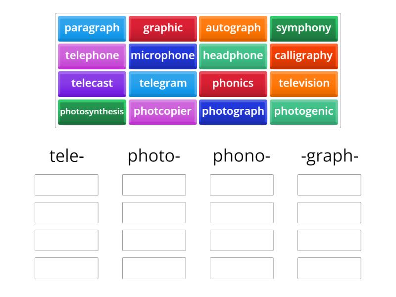 DR Sort 14 - Greek word parts tele-, phono-, photo-, -graph- - Group sort