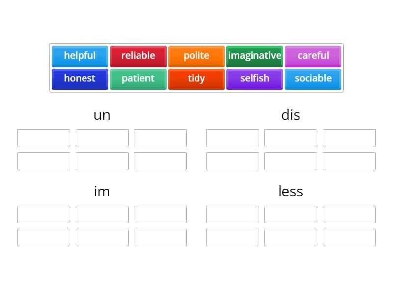 adjectives with on-, dis-, im- and -less. Human beings, ex.11 - Group sort