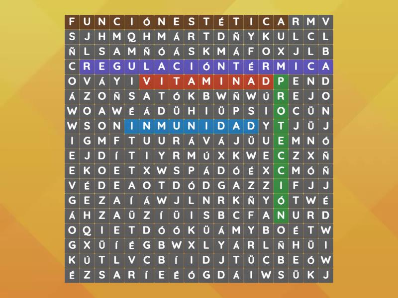 FUNCIONES PRINCIPALES DE LA PIEL - Sopa de letras