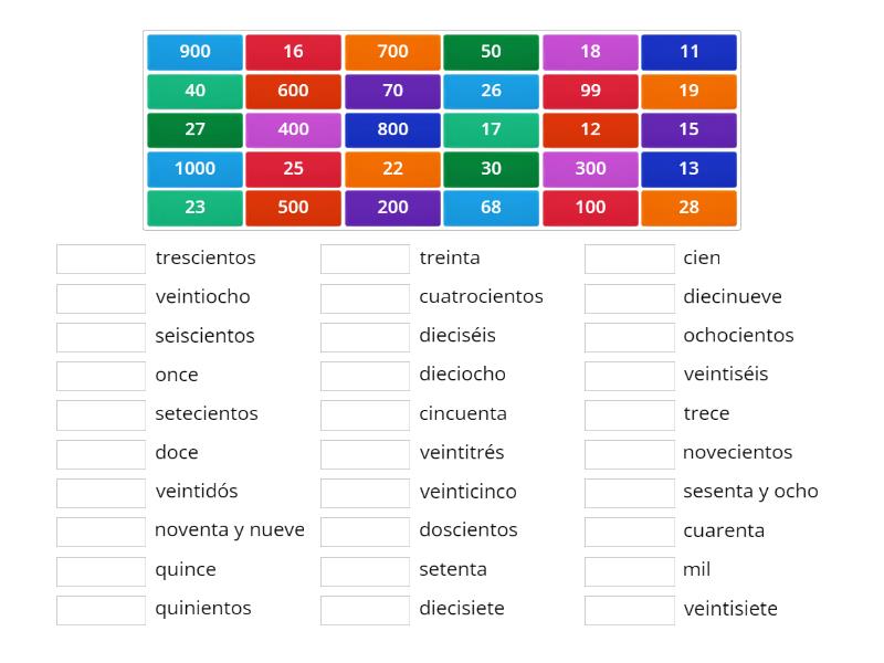 Spanish Numbers 0-1000 Practice - Une las parejas