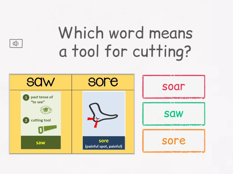 Homophones saw/sore, four/for, week/weak, one/won - Quiz