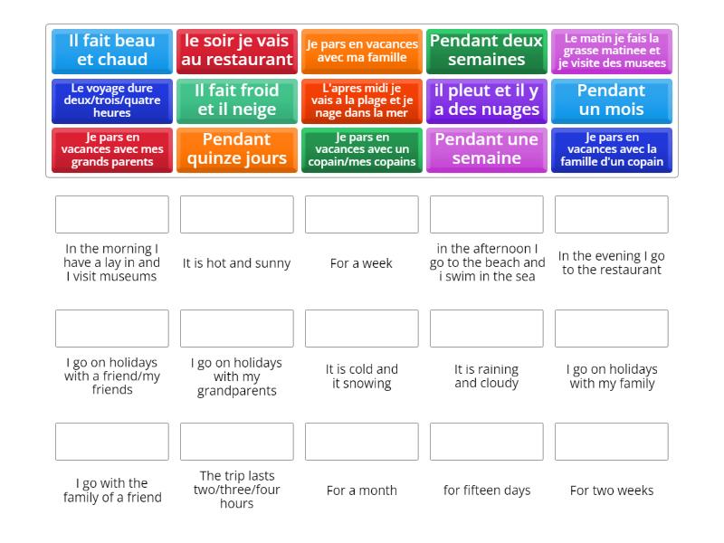 Mes vacances key sentences practice year 7 - Match up