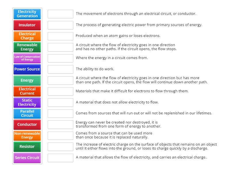 Grade 6 - Electricity Unit - Key Terms - Match up