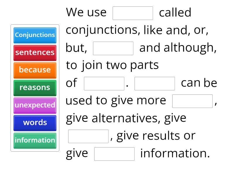 Conjunctions: and, or, but, so, because and although - Complete the ...