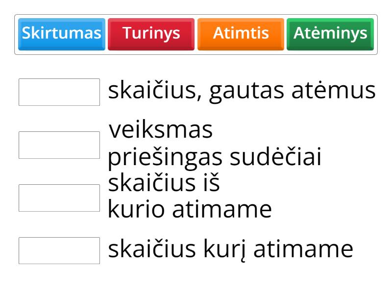 Skaičių atimtis - Match up
