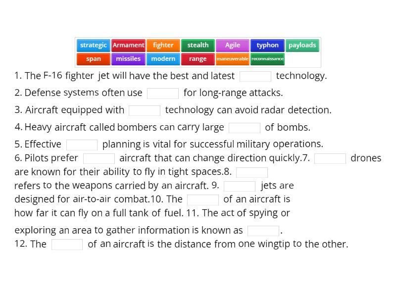 Week 10 - Types of Aircraft - Vocabulary Gap Fill Sentences - Complete ...