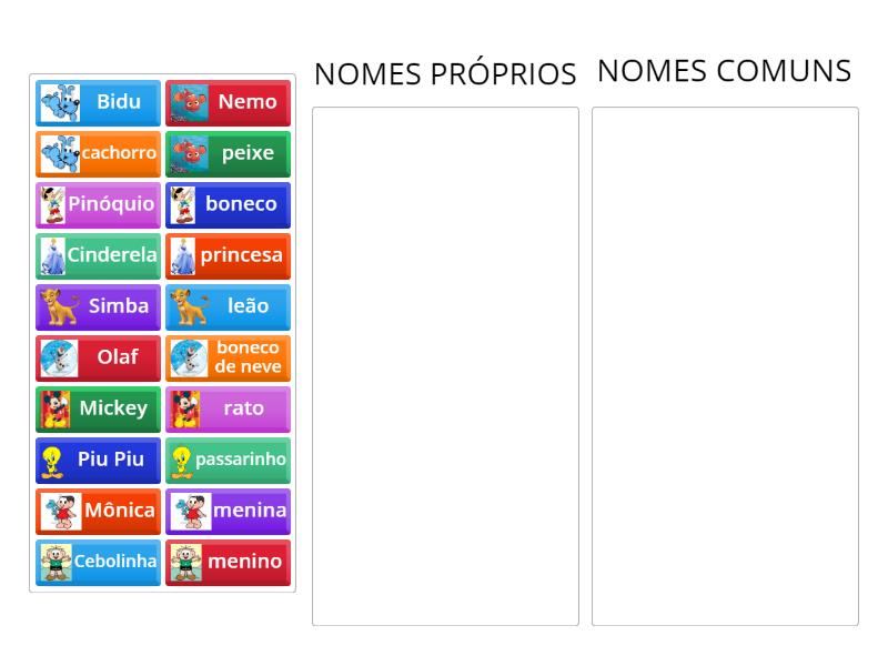 Atividade de Língua Portuguesa - Nomes próprios e nomes comuns - Categorize