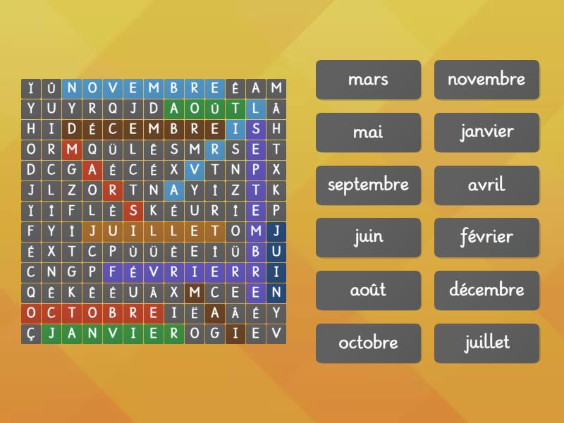 Les mois de l'année - Wordsearch