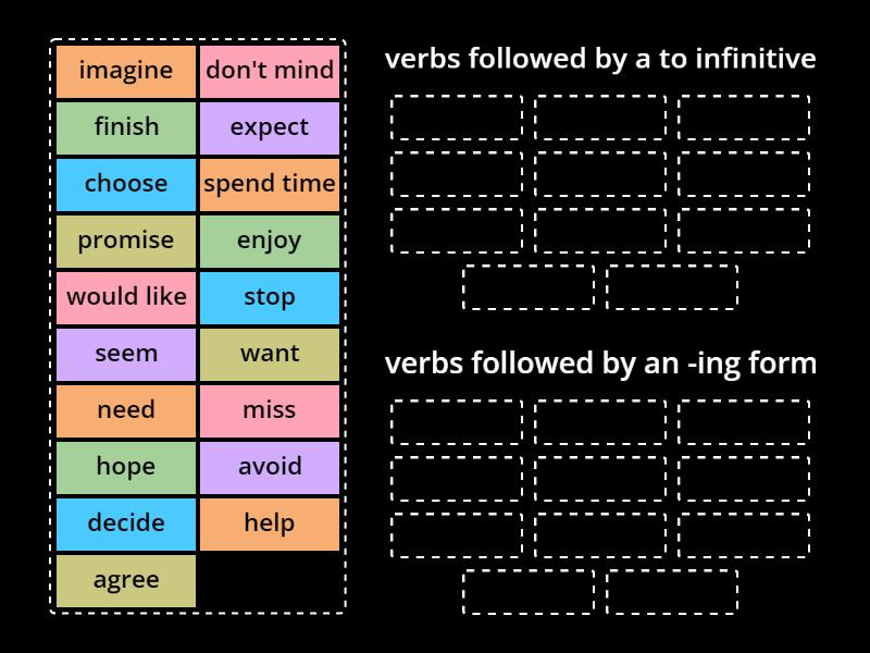 Group the verbs followed by -ing or to infinitive - Group sort