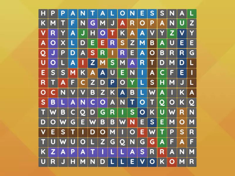 vocabulario - la ropa y los colores - Wordsearch