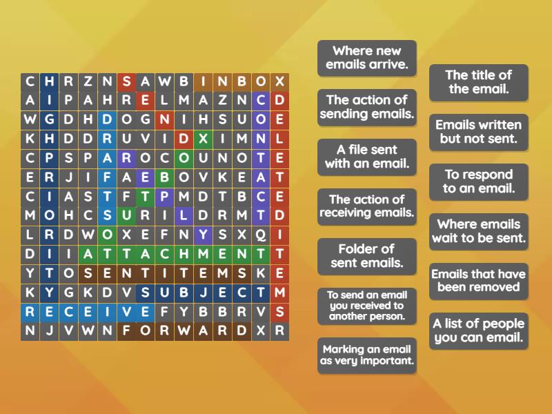 Find the 12 words related to email. - Wordsearch