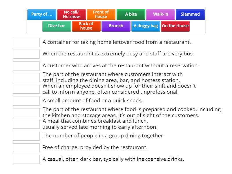 Vocabulary for Hospitality - Match up