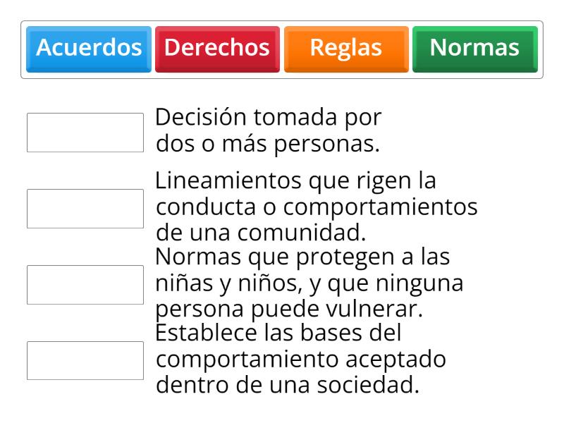 reglas, normas, acuerdos y derechos - Une las parejas