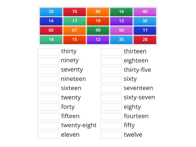 Numbers 11 to 90 - Match up