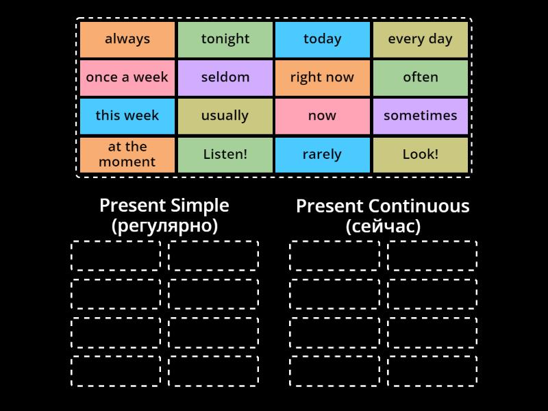 Present Simple vs Present Continuous Signal Words - Ordenar por grupo