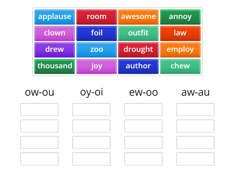 match each word with its diphthong - Ordenar por grupo