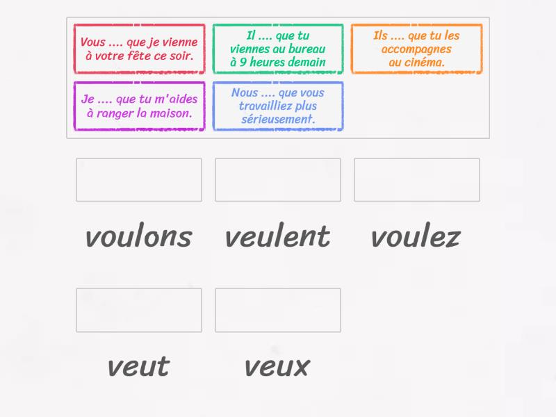 Complétez les phrases avec "vouloir" au l'indicatif présent ! - Match up
