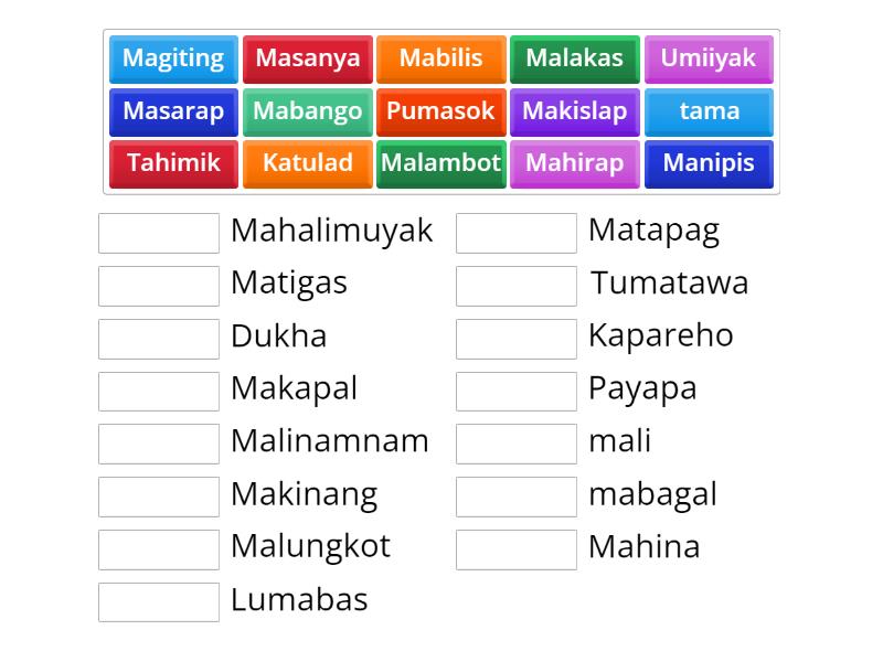 Mga salitang magkasalungat at magkasingkahulugan - Match up