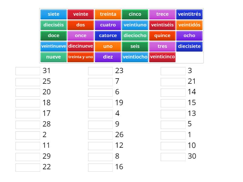 Spanish numbers 1-31 - Match up