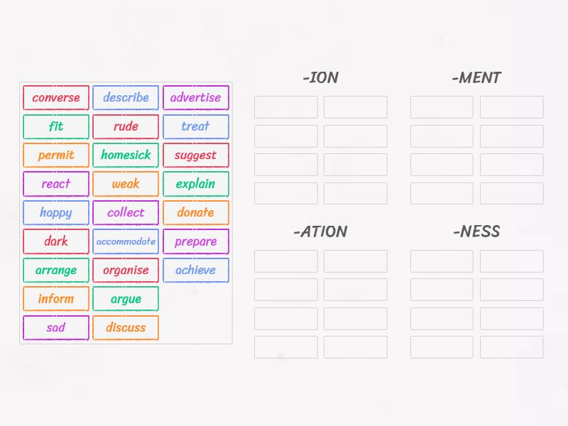 Word formation (Noun suffixes - ness, -ment, -ion, -ation) - Group sort