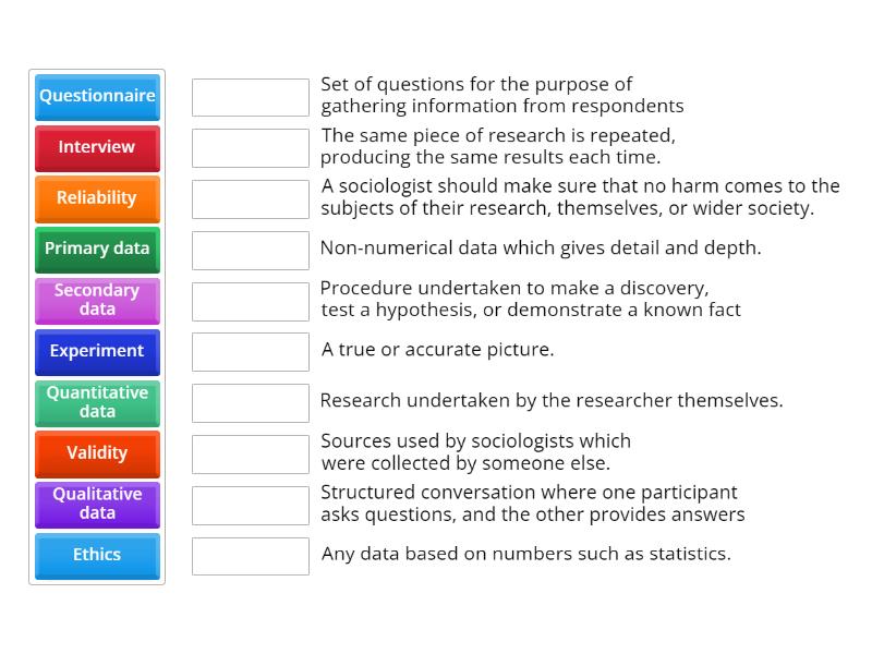 Research Methods Key terms - Match up