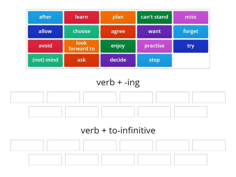 verb + ing , verb + to - Ordenar por grupo