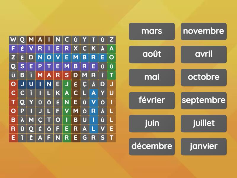 Les mois de l'année - Mots mêlés
