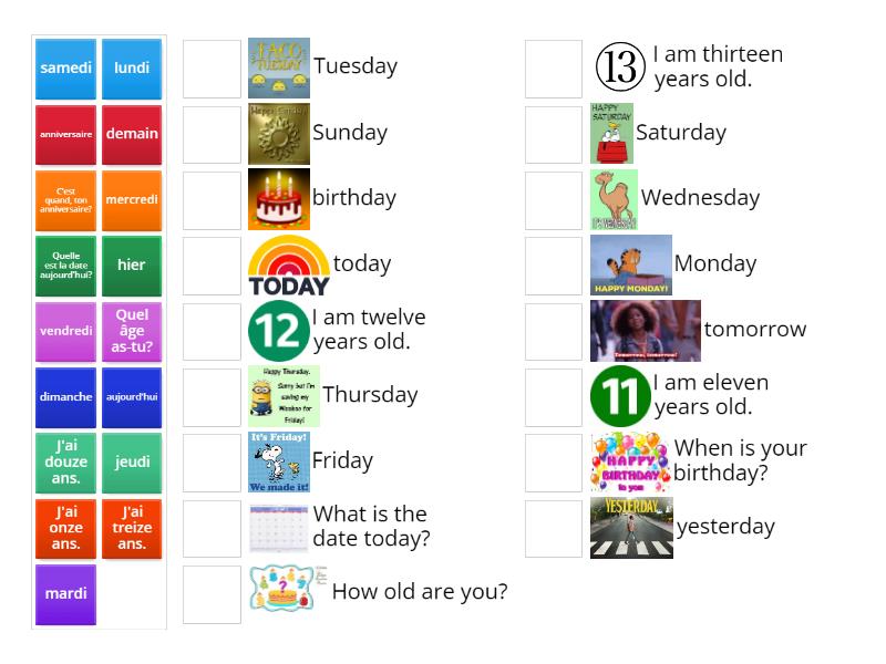 Unit 2: Calendar, Age, Birthday - Match up