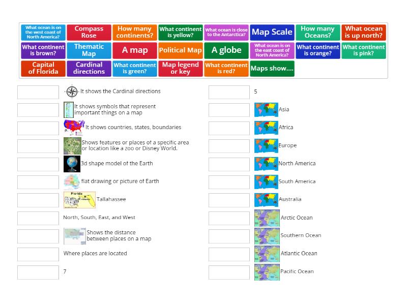Maps and Globes/ Continents and Oceans Test Review - จับคู่