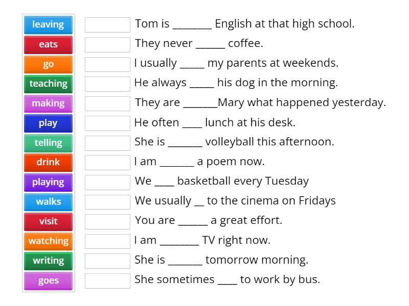 Present simple and present continuous - Match up