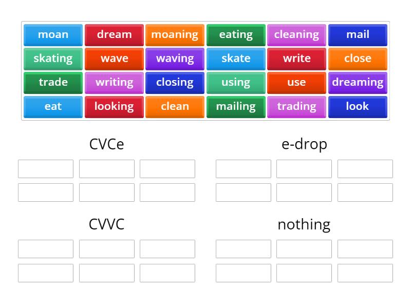 Spelling - adding -ING to words with CVCe and CVVC patterns - Group sort